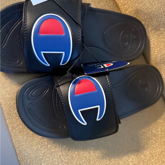 Champion | Shoes | Champion Black Slides With Red And Blue Logo | Poshmark